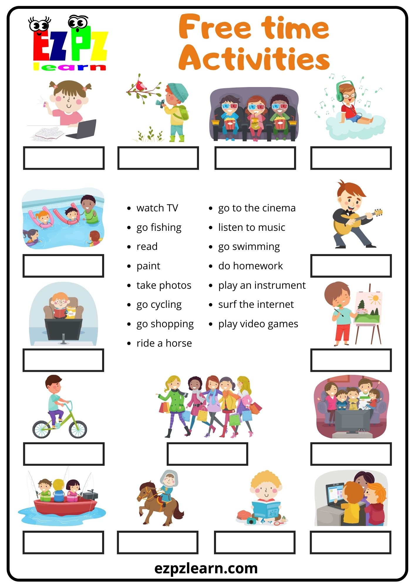Free Time Activities Word Match Ezpzlearn